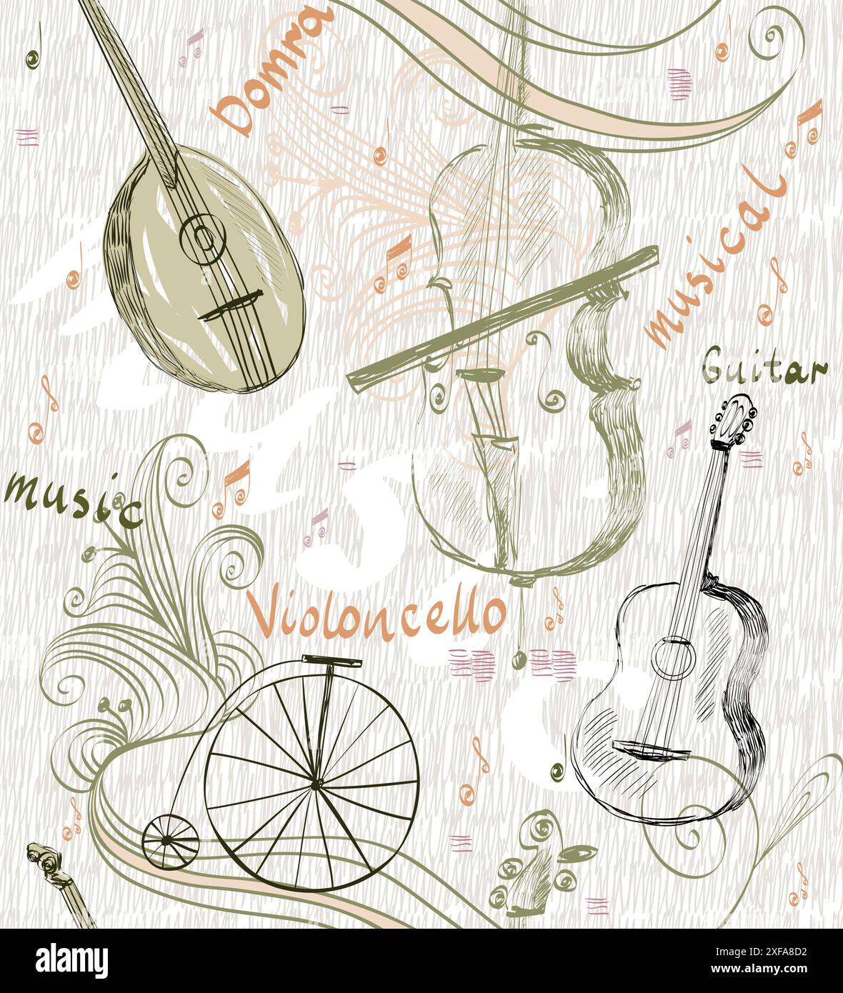 hand drawn seamless pattern of classical musical instruments Stock ...