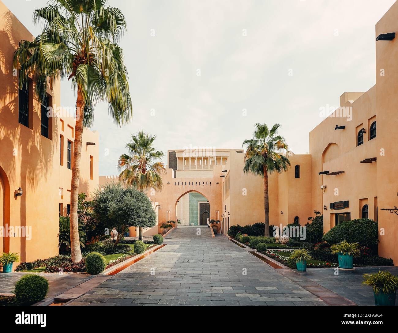A scenic view of traditional Middle Eastern architecture with palm ...