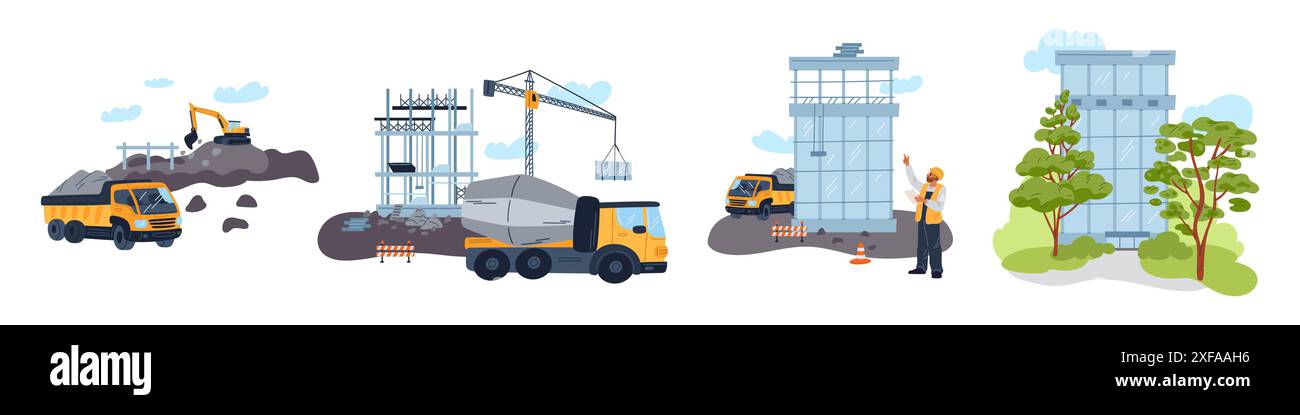 Several stages of building construction. Digging pit with excavator ...