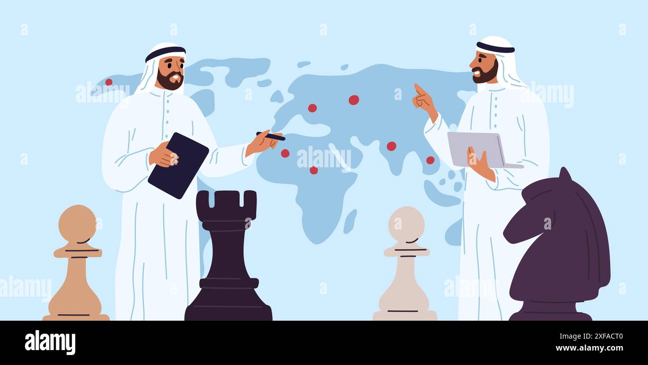 Arabic business people. Saudi men in traditional robes build strategy ...