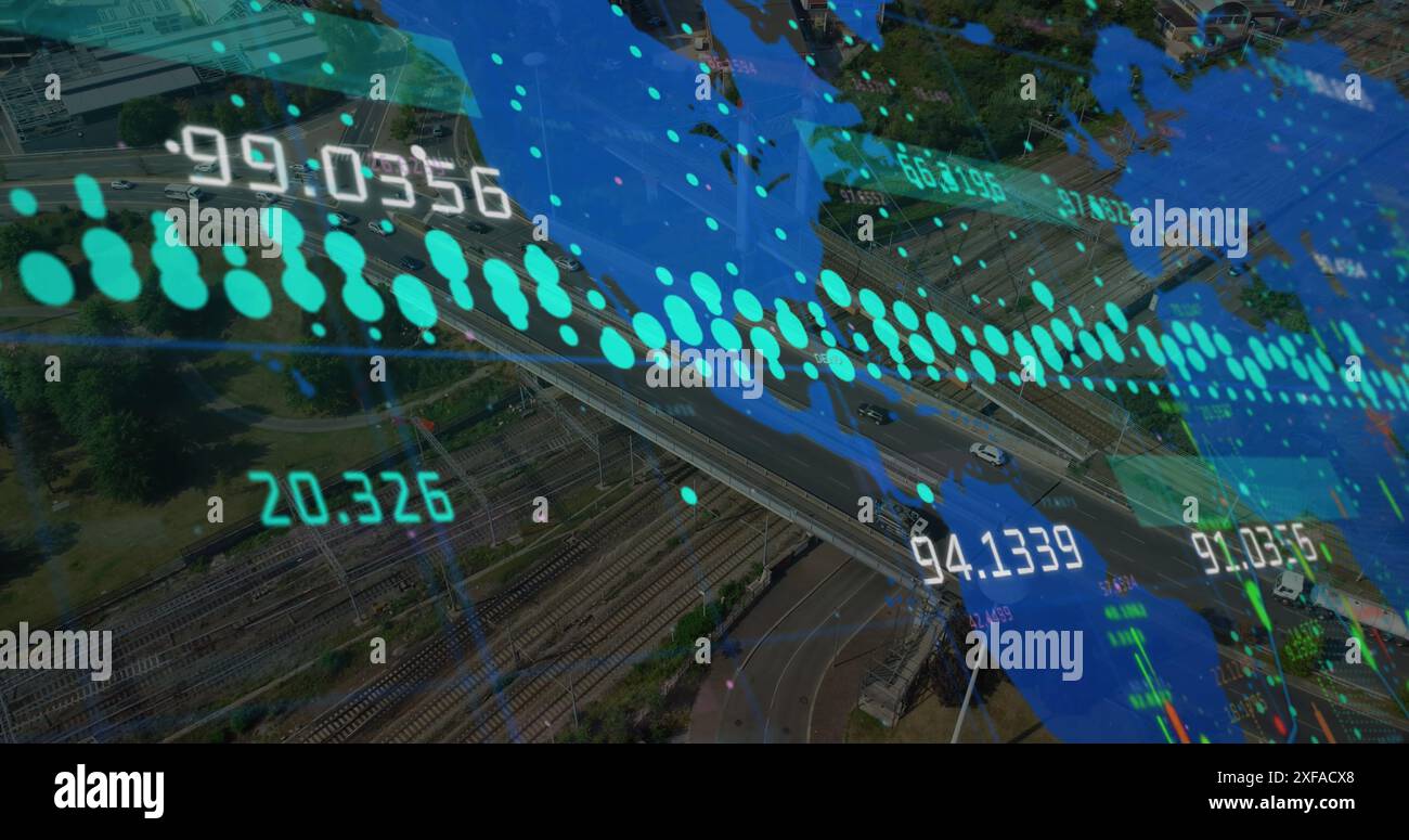 Image of data processing and world map over cityscape Stock Photo - Alamy