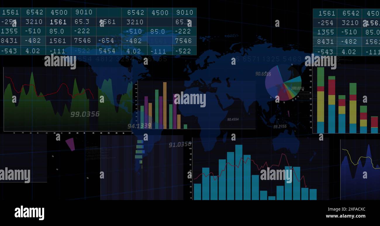 A blue world map with white numbers floating over a grid on black ...