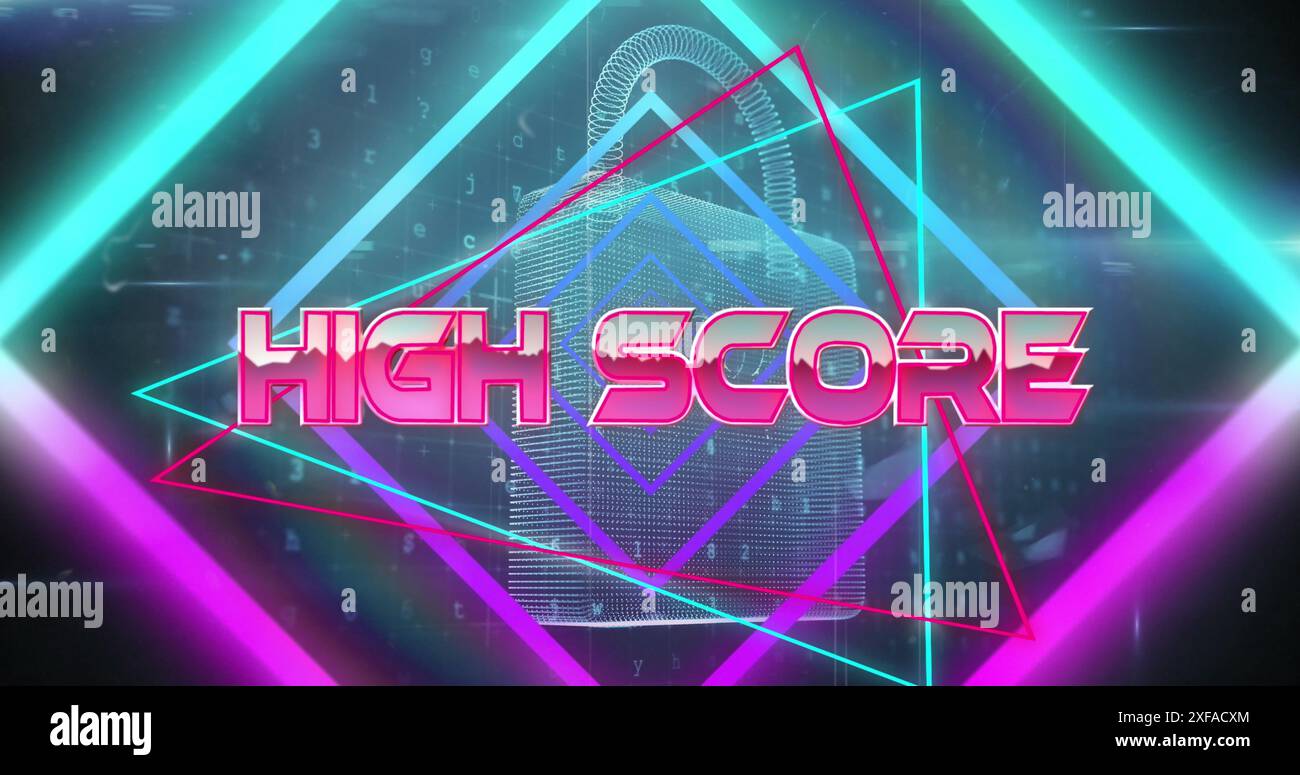 Image of high score text in pink shiny letters over pink and blue neon ...