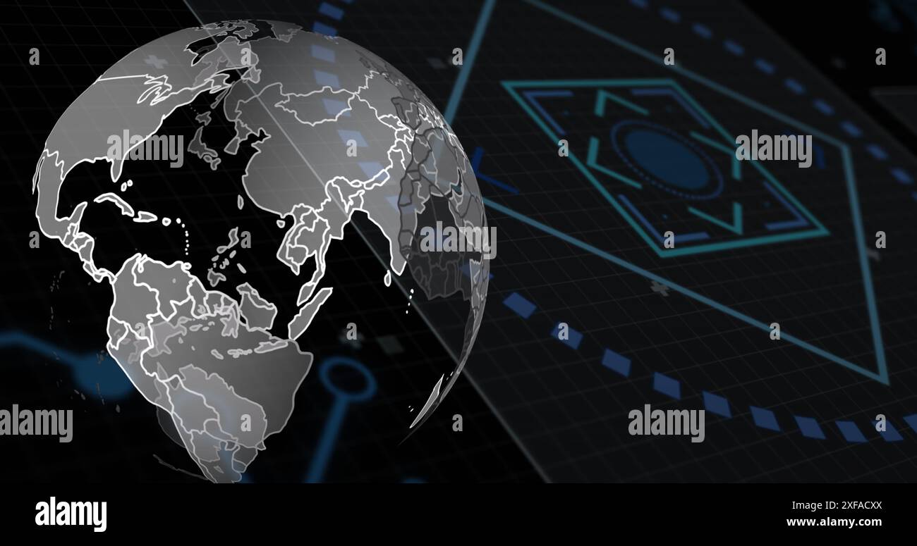 Image of spinning globe and scope over round scanner and microprocessor ...