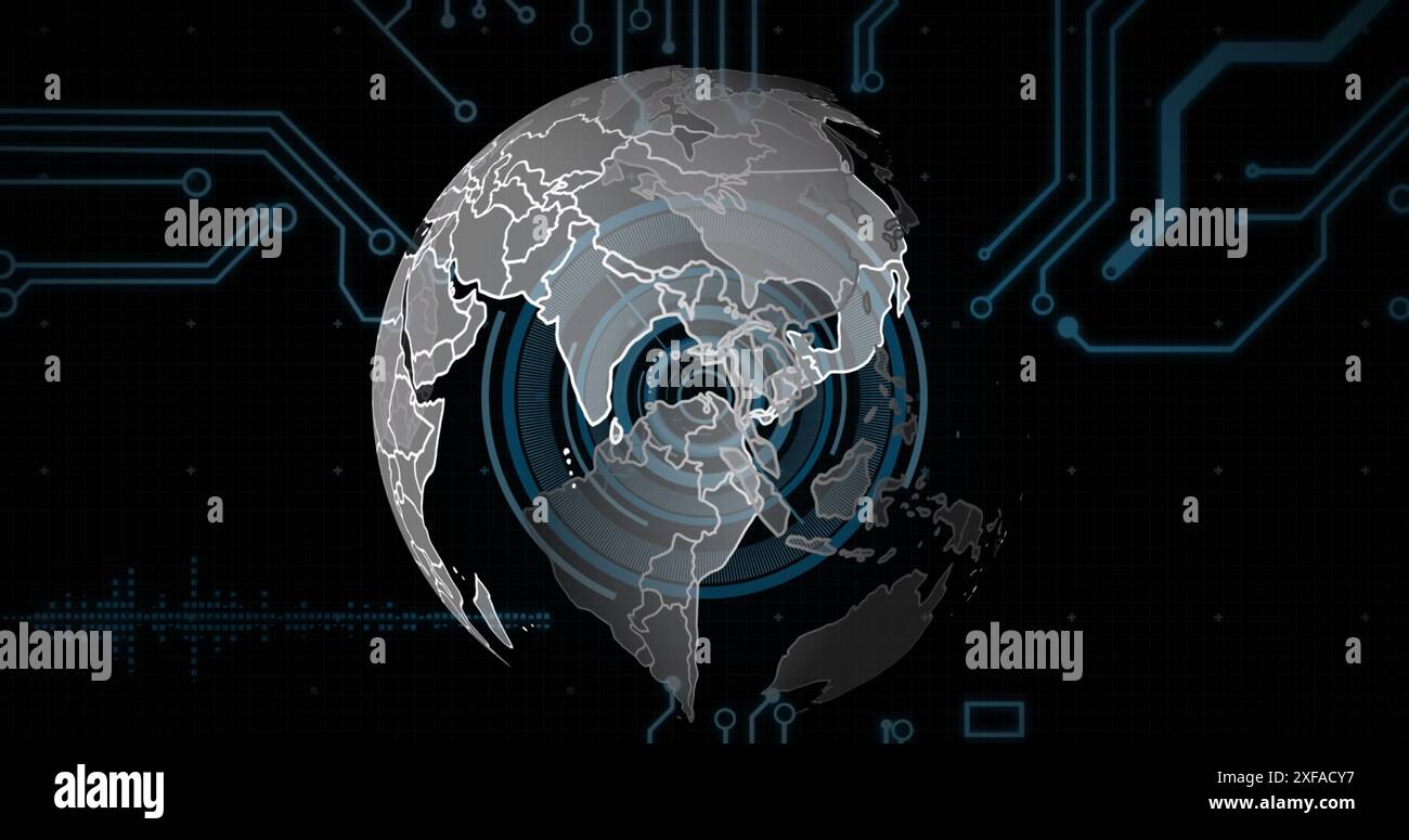 Image of spinning globe over round scanner, microprocessor connections ...