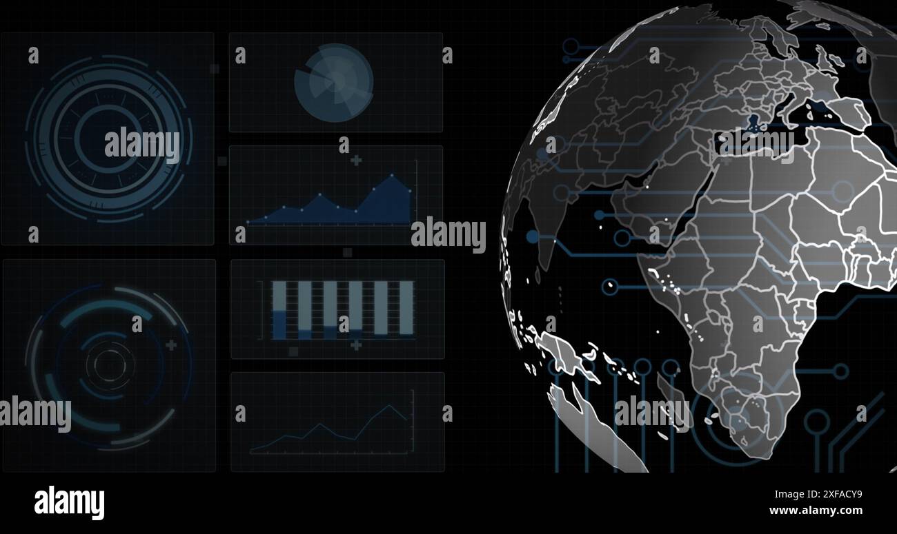 Image of spinning globe over round scanners, microprocessor connections ...
