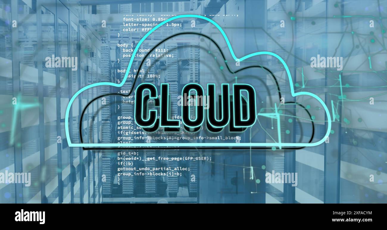 Image of cloud text banner and icon over data processing against computer server room Stock ...