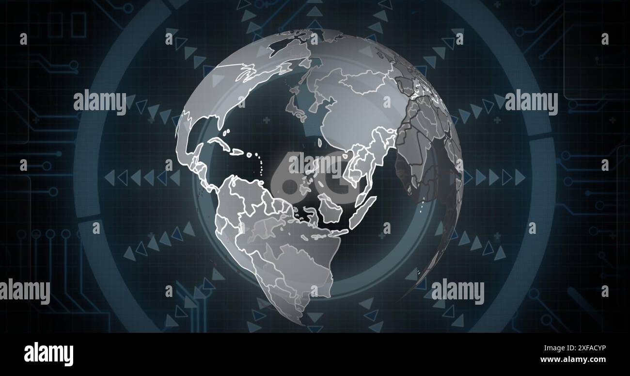 Image of spinning globe over 6g text on round scanners and microprocessor connections Stock ...