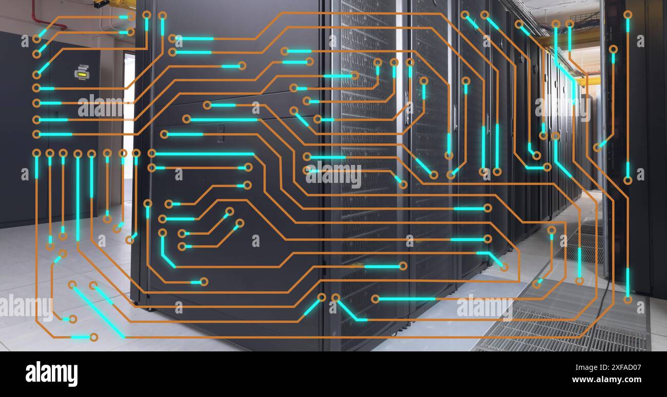 Image of microprocessor connections against computer server room Stock ...