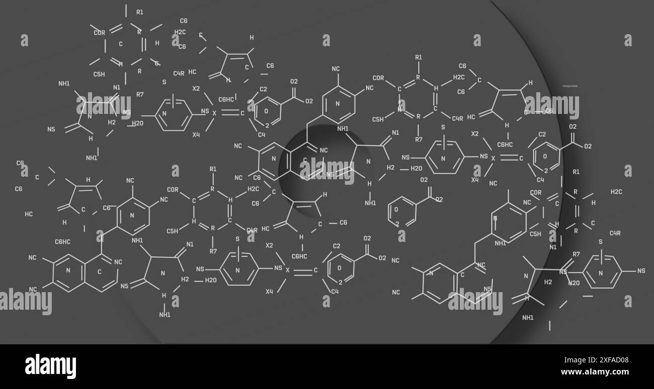 Image of chemical structures over abstract shapes forming against grey ...