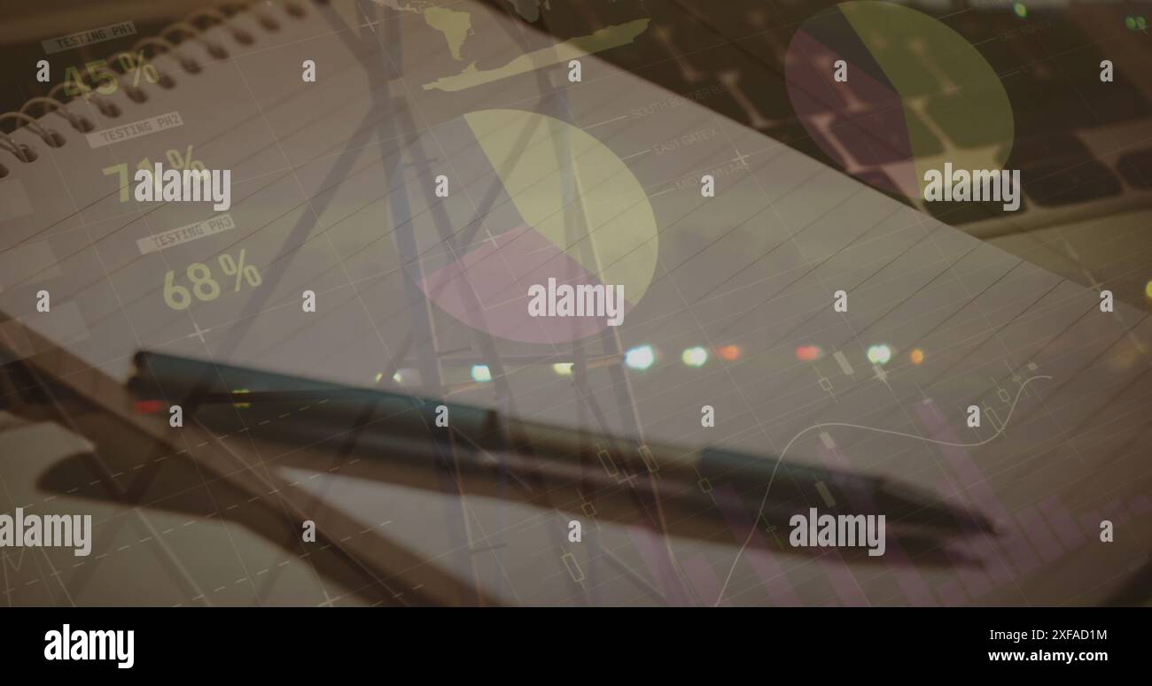 Image of statistical data processing over pen and diary on a table against network towers Stock ...