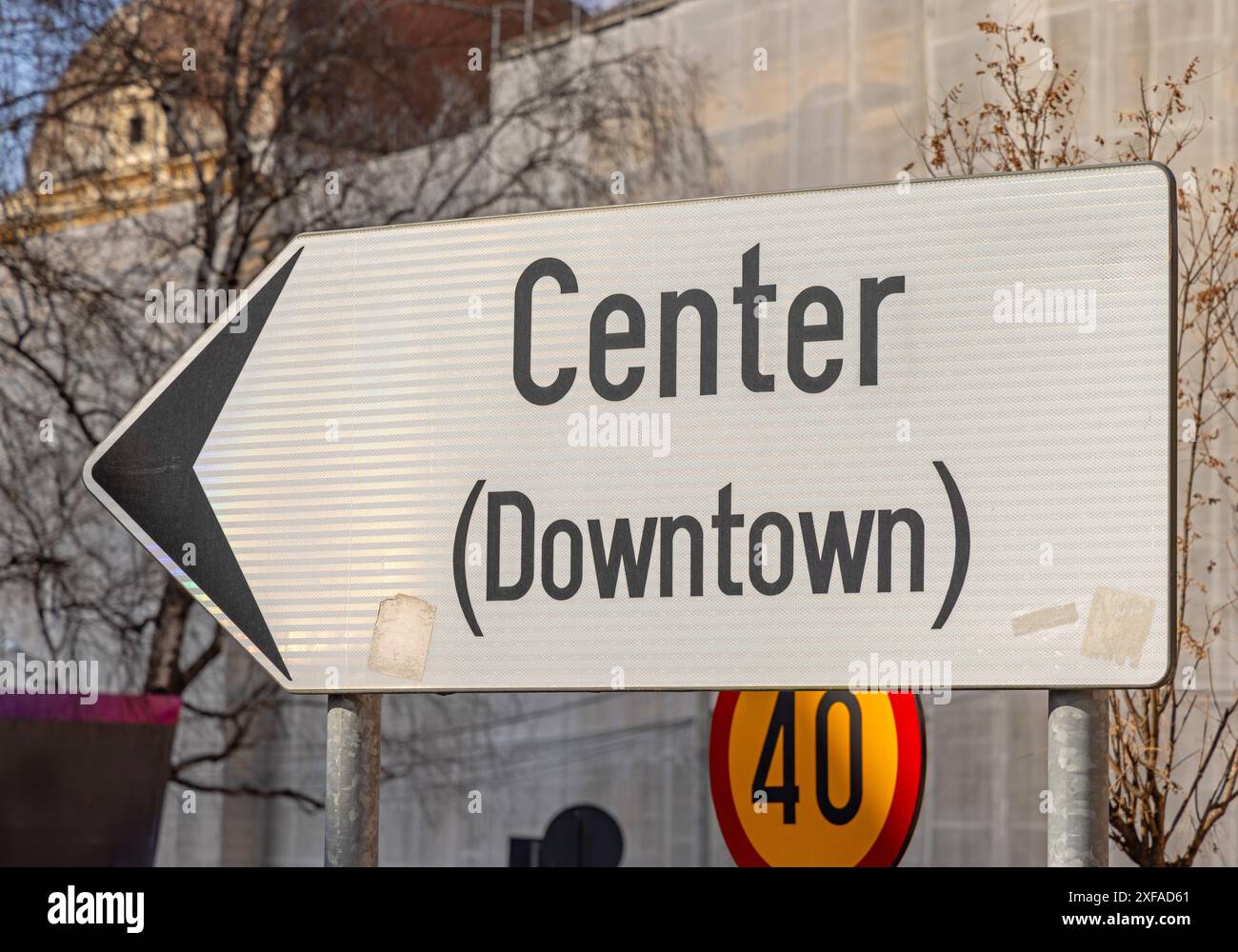 White Road Sign Directional Arrow Downtown Center English Stock Photo ...