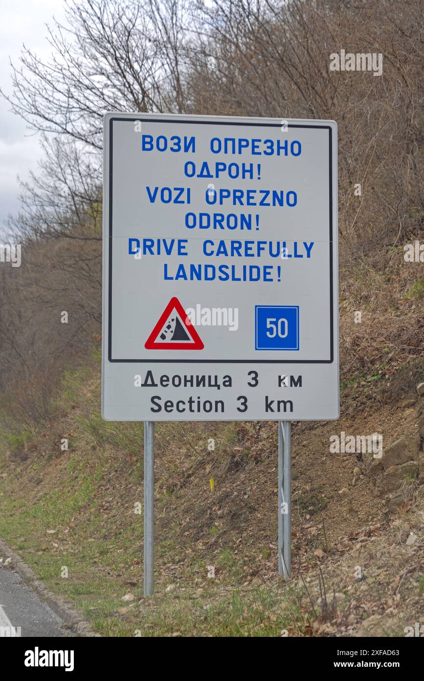 Caution Drive Carefully Landslide Section Thee Kilometers Dual Language ...