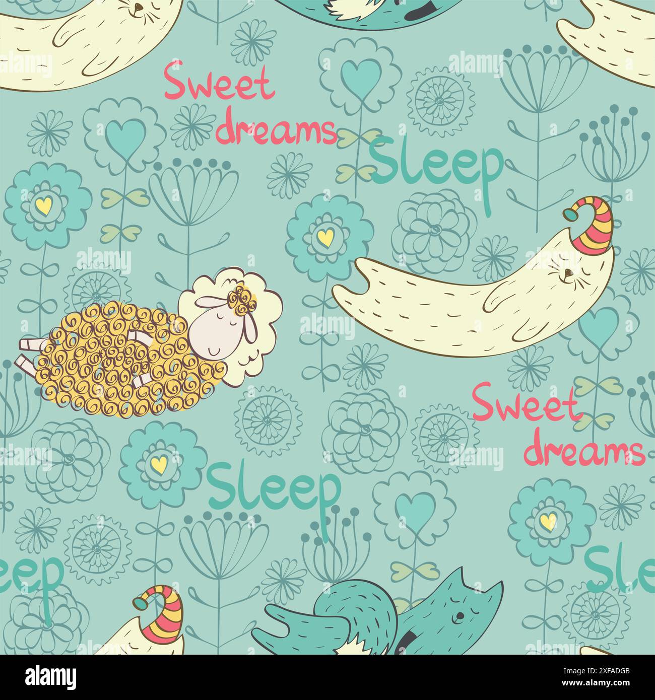 Cartoon Sleeping animals. Hand Drawn illustration. Seamless pattern ...