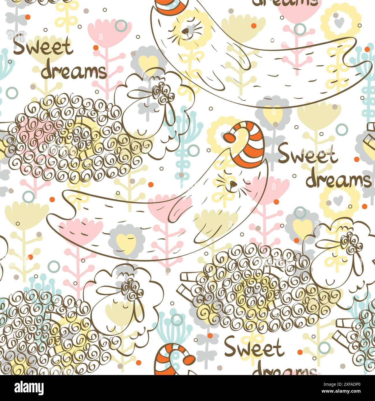 Cartoon Sleeping animals. Hand Drawn illustration. Seamless pattern ...