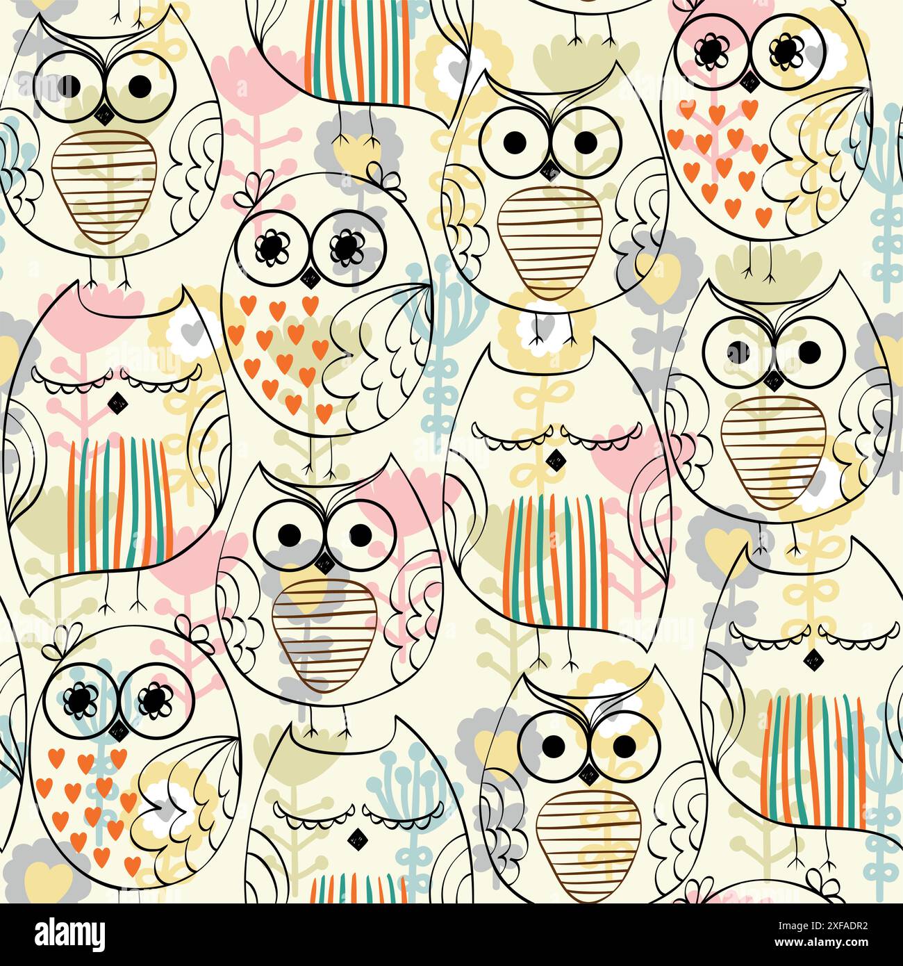 Cartoon owl. Cute Hand Drawn seamless pattern Stock Vector Image & Art ...