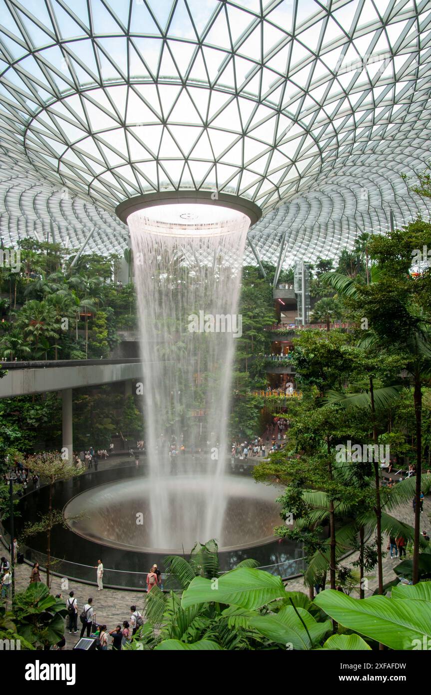 Singapore, view of indoor waterfall and garden at Jewel shopping mall ...