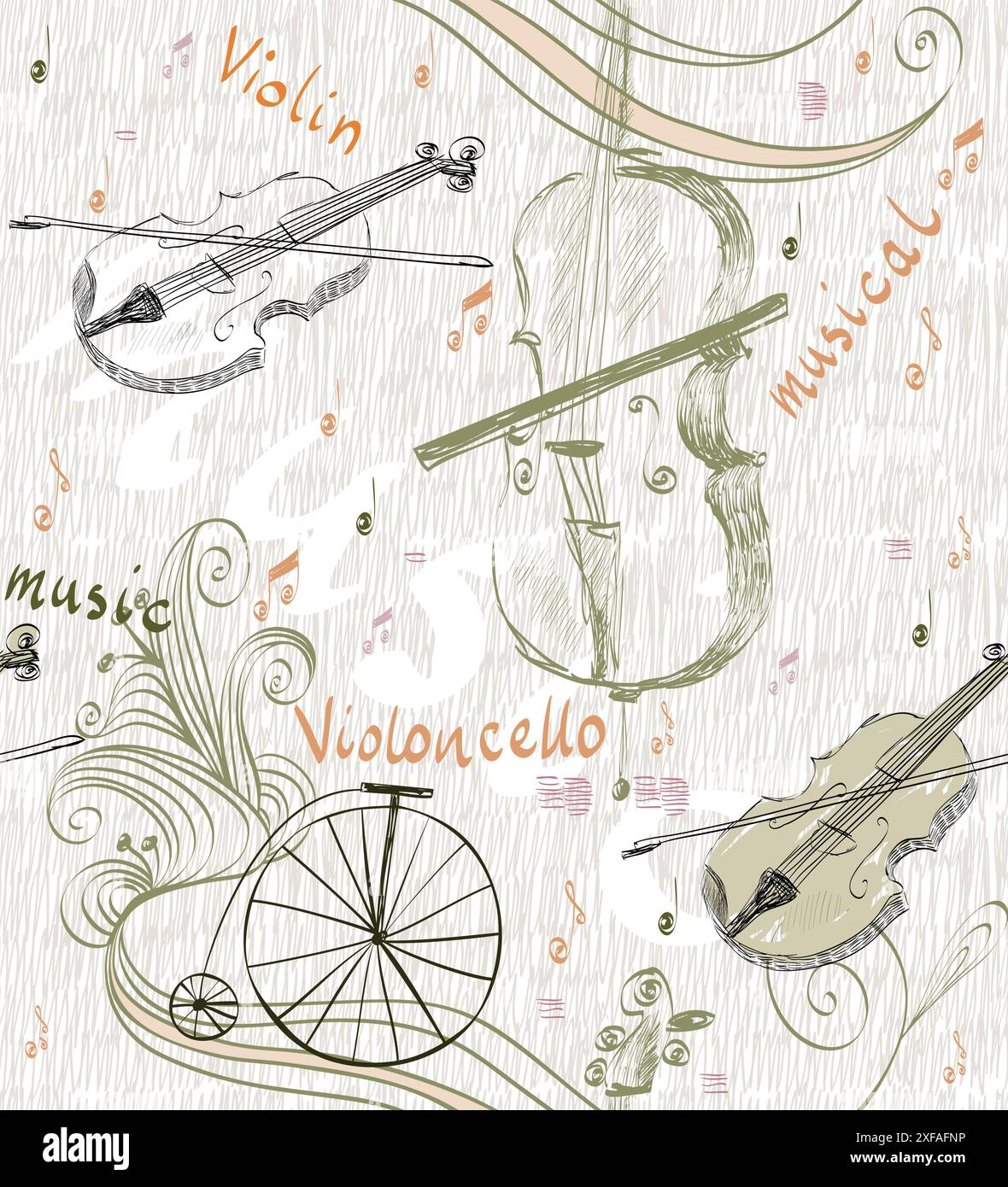 hand drawn seamless pattern of classical musical instruments Stock ...