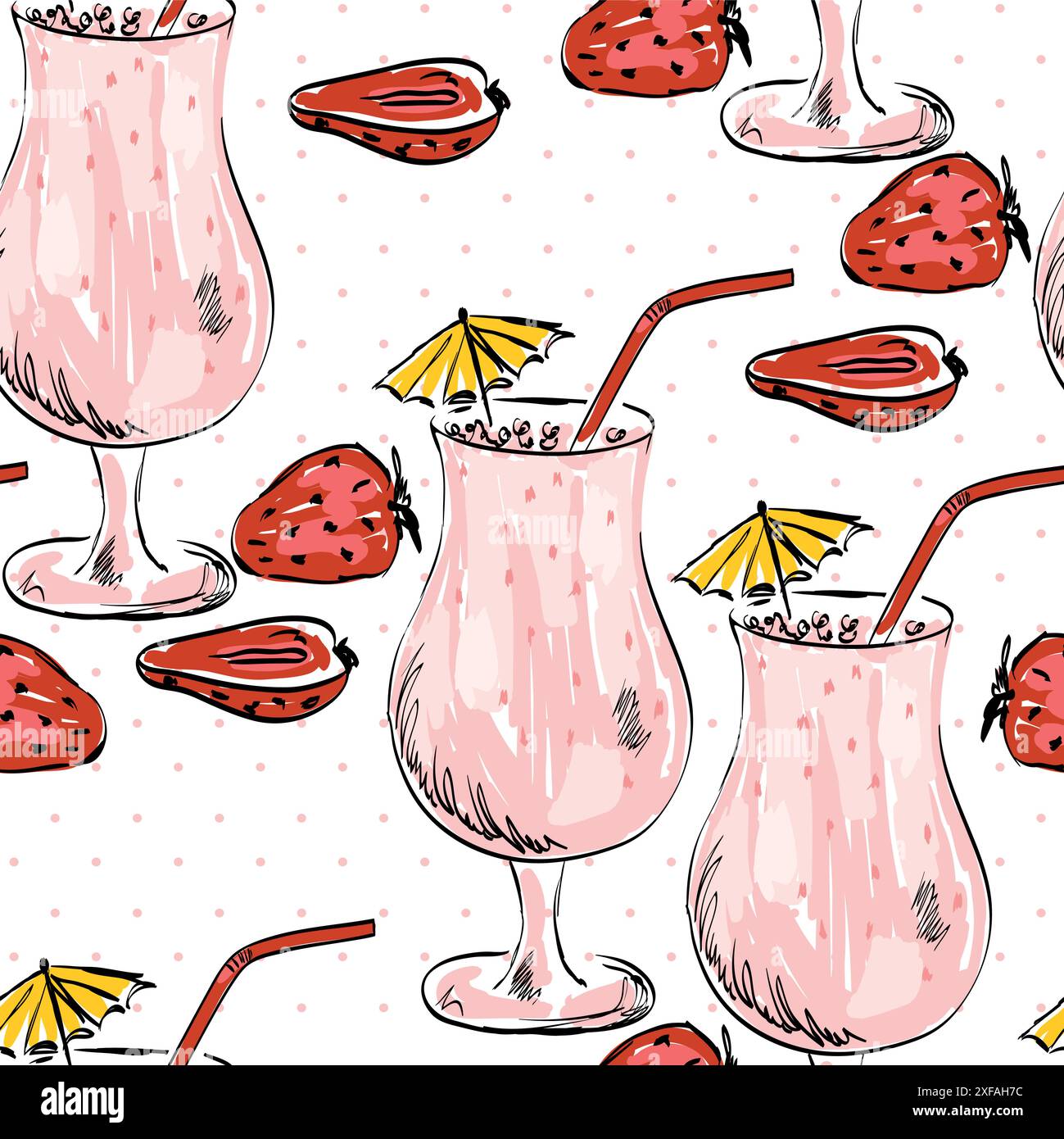 Illustration with hand drawn summer Strawberry cocktail. Seamless ...