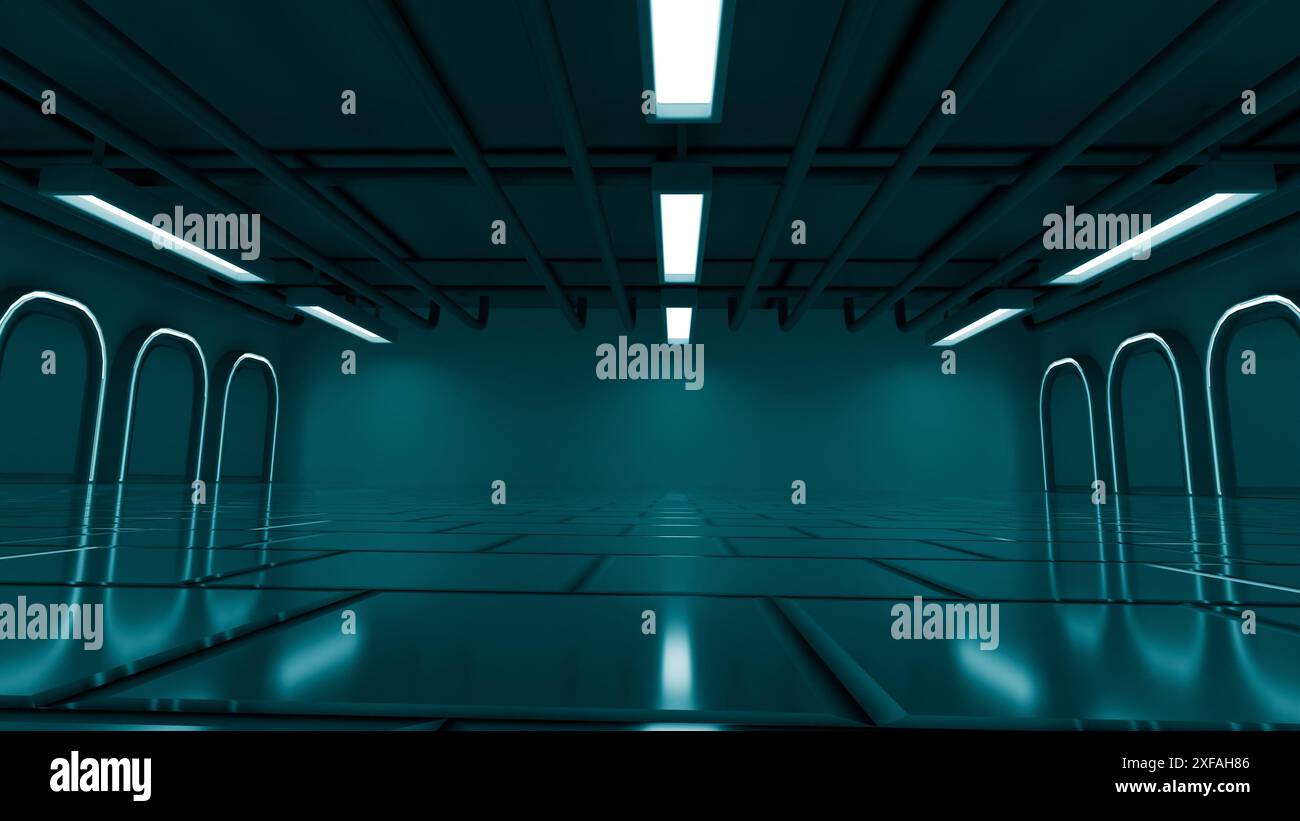 3d rendering of an empty room with bright lights and a network of pipes on the ceiling Stock ...