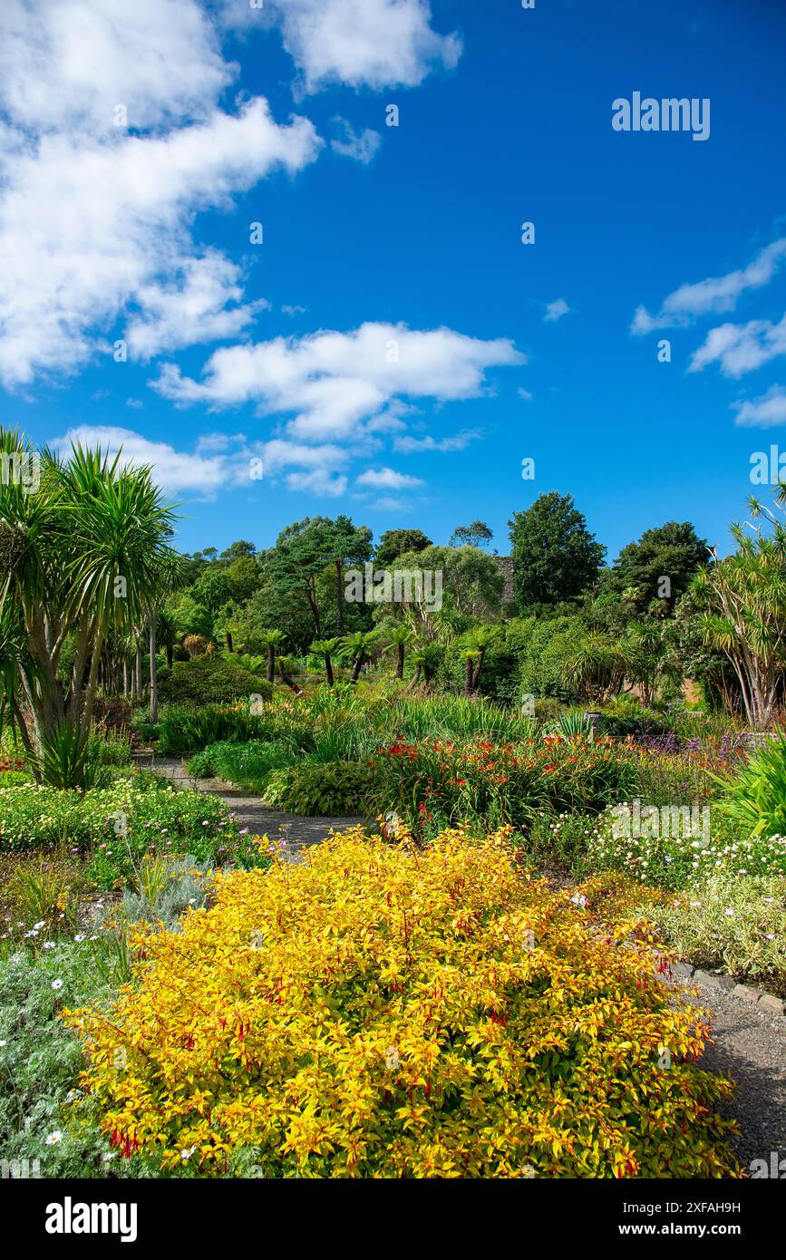 view of flowerbeds and and trees, with fuchsia shrub at the foreground ...
