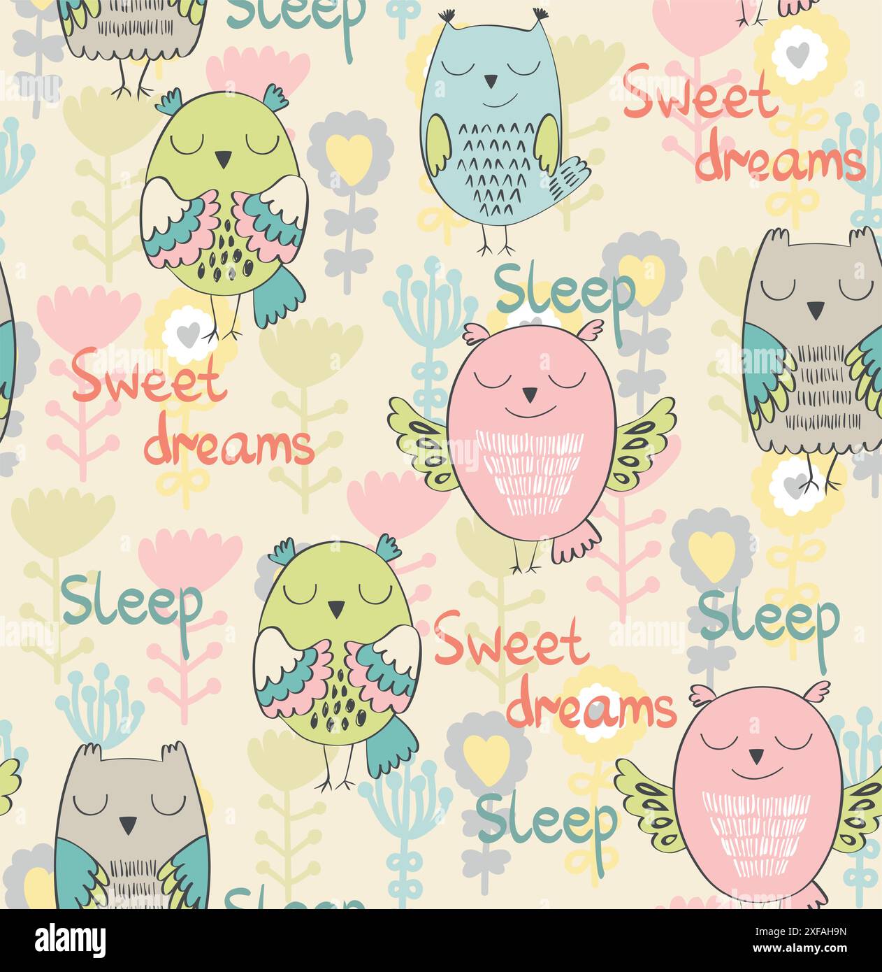 Vector illustration with cartoon sleeping owl. Seamless pattern Stock ...