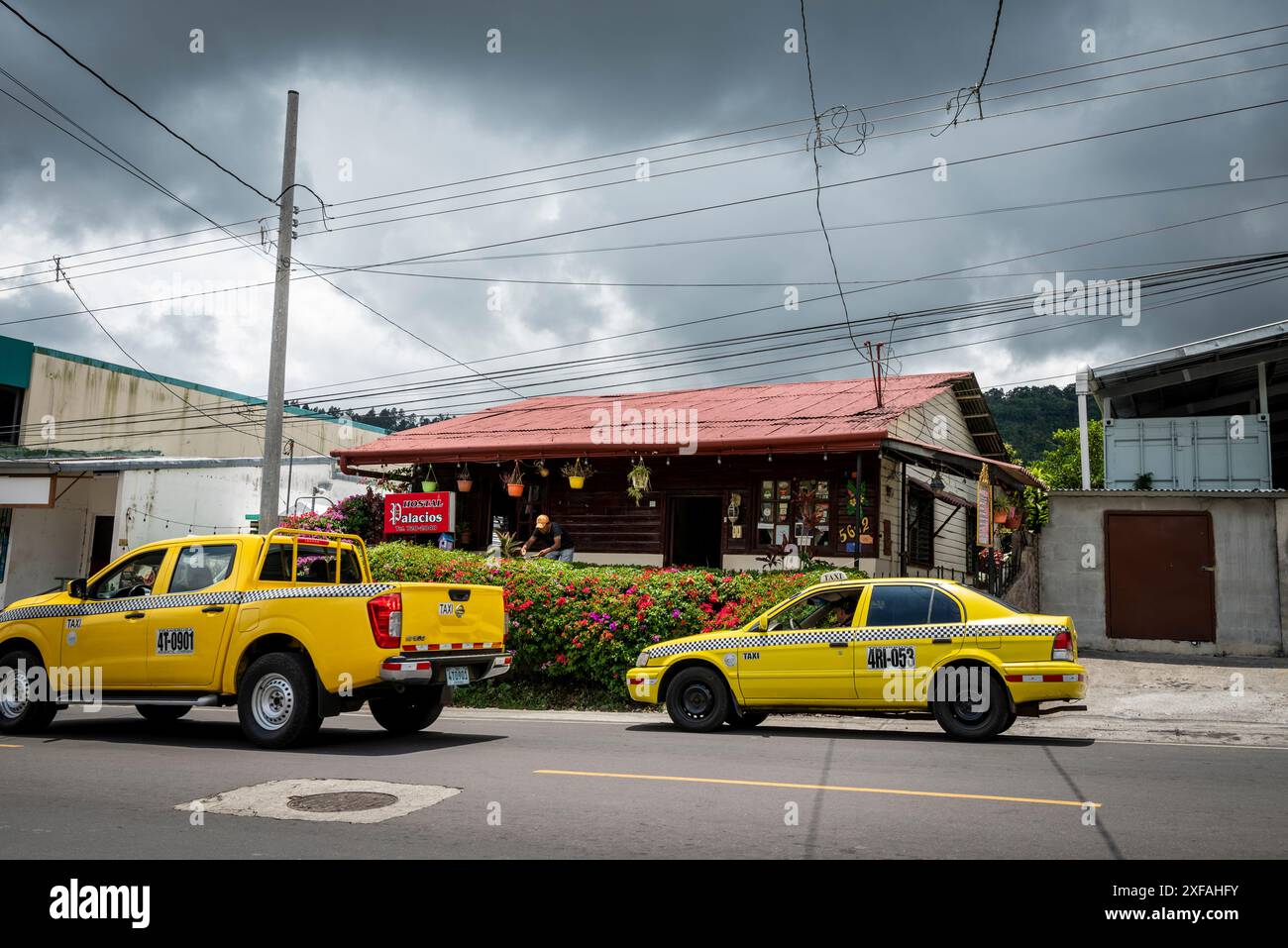 Yellow taxis in Boquete, a small mountain town in the Province of ...
