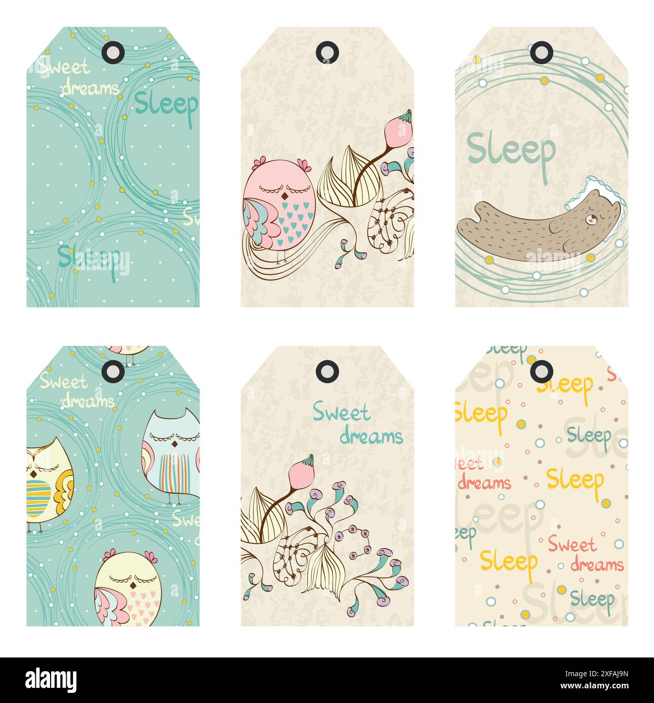 Cartoon Sleeping animals. Cute Hand Drawn tags Stock Vector Image & Art ...