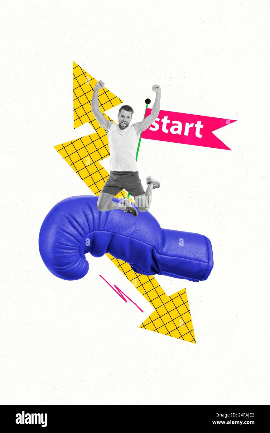 3d abstract creative artwork template collage of young man winner boxer ...