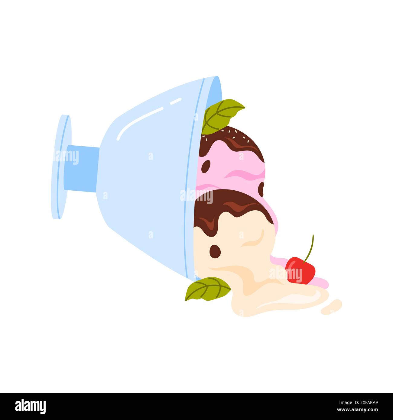 Glass cup of ice cream fallen, balls of vanilla and strawberry gelato ...