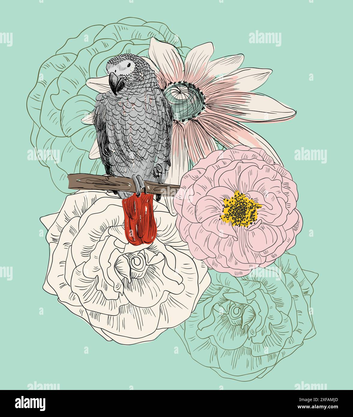 Vector sketch of a parrot with flowers. Hand drawn illustration Stock ...