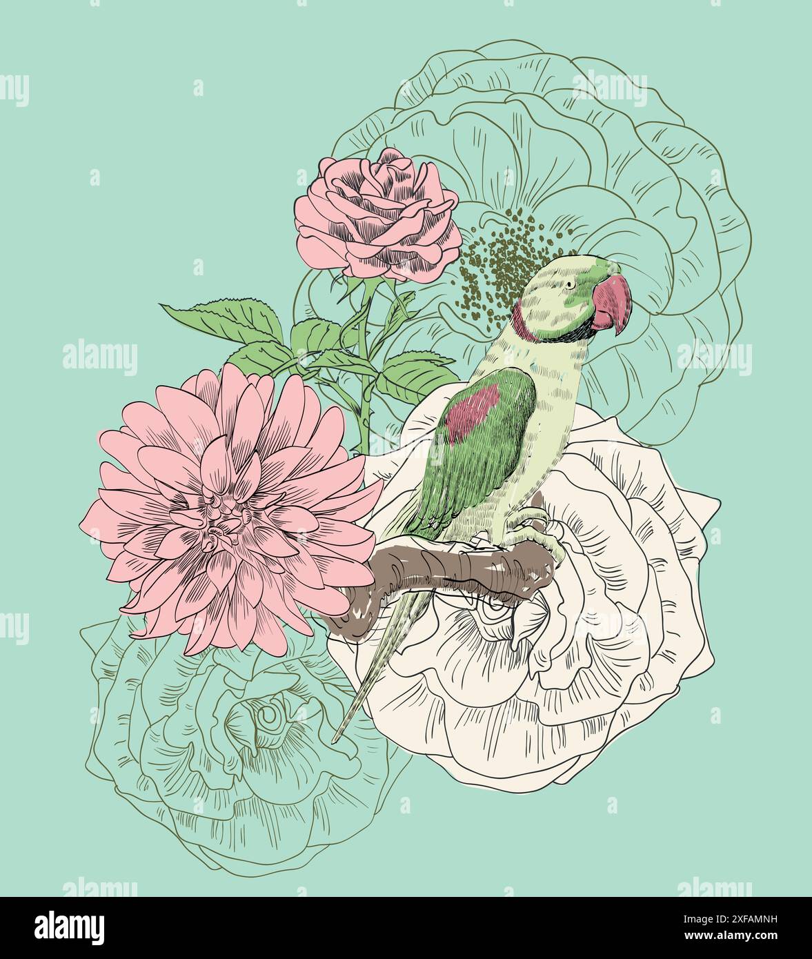 Vector sketch of a parrot with flowers. Hand drawn illustration Stock ...