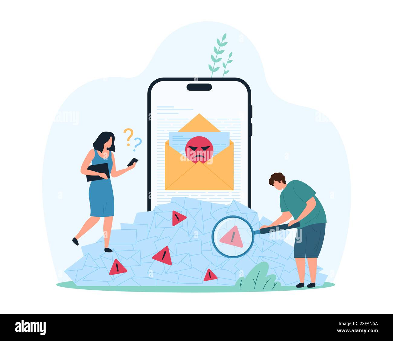 Overload of notifications about incoming emails, spam in inbox mobile app. Tiny people study ...