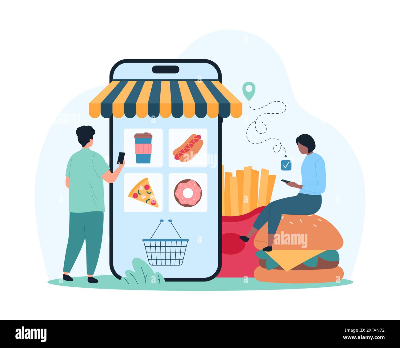 Order fast food in mobile app of restaurant or cafe, ecommerce. Tiny ...