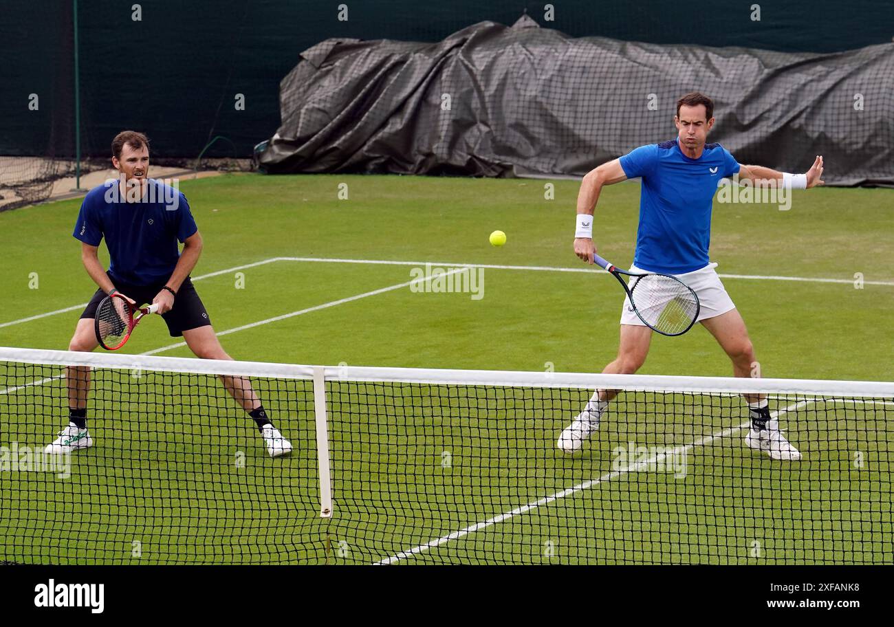 Andy Murray and Jamie Murray (left) on the practise courts on day two ...