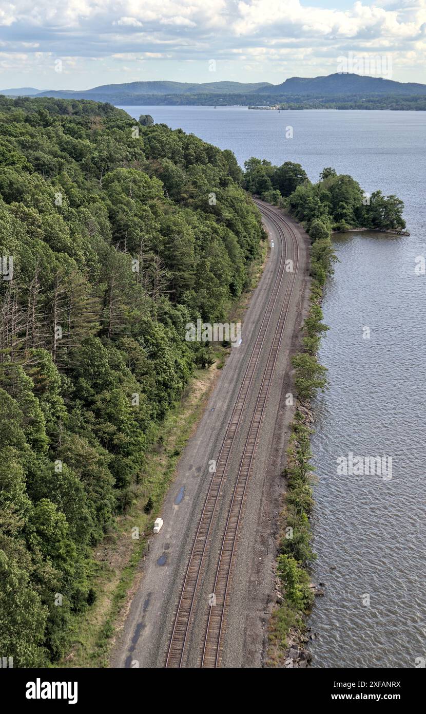 view of train tracks next to river from kingston rhinebeck bridge in ...