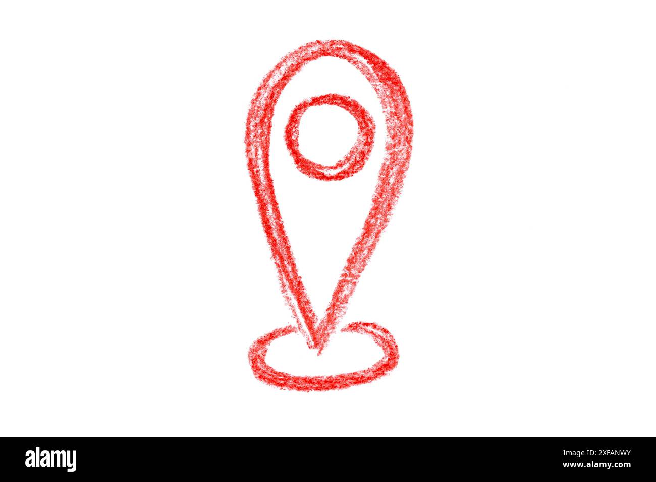 A geolocation pin drawn in red pencil isolated on a white background ...