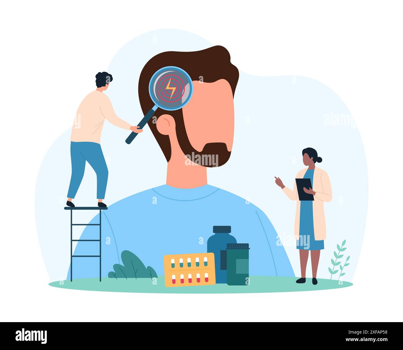 Headache diagnosis and treatment, neurology examination. Tiny people ...