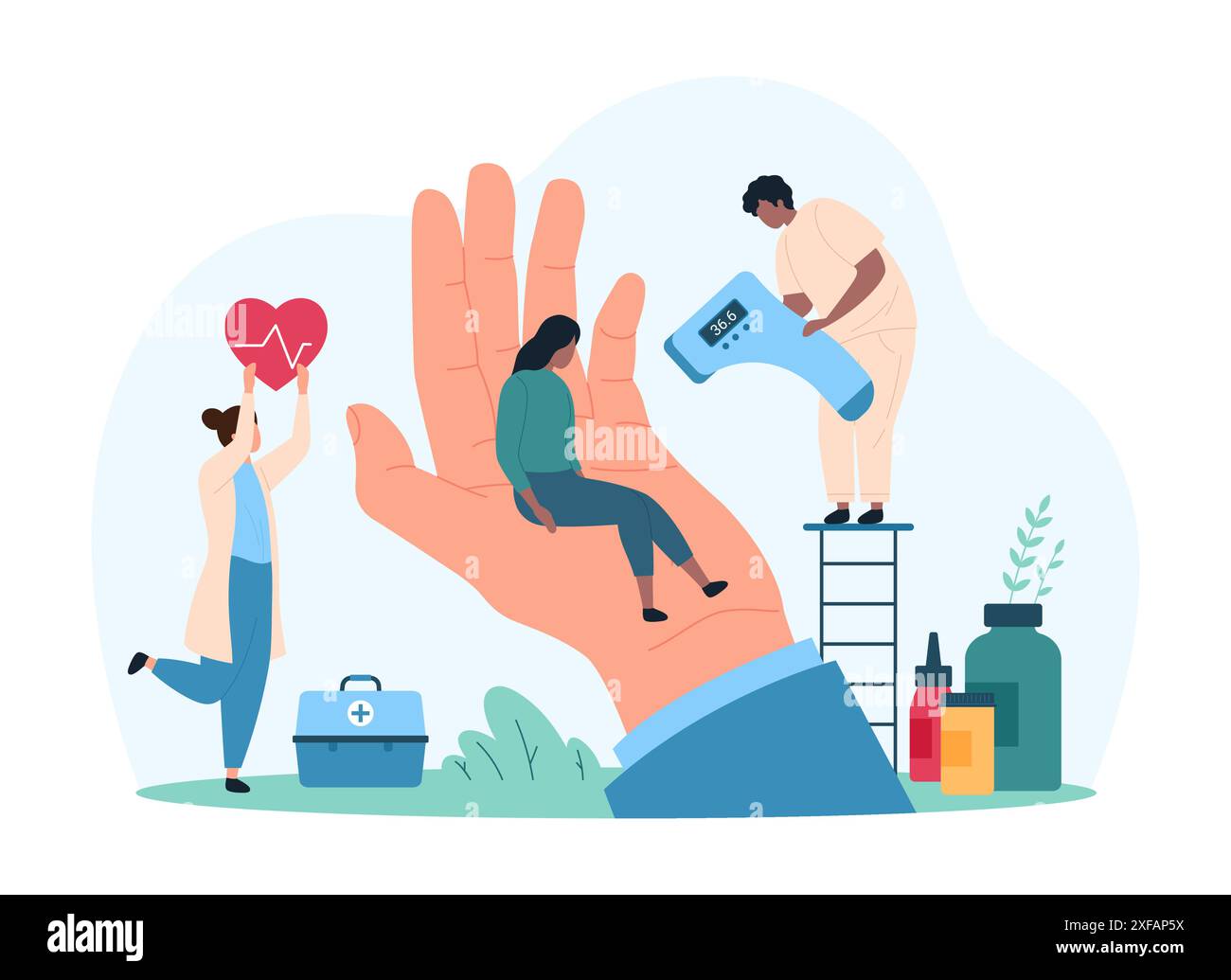 Employee health insurance, doctor services at workplace. Giant boss ...