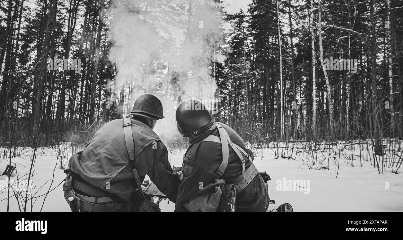 Mortar Shooting Explosions. Back View On Re-enactors Dressed As ...