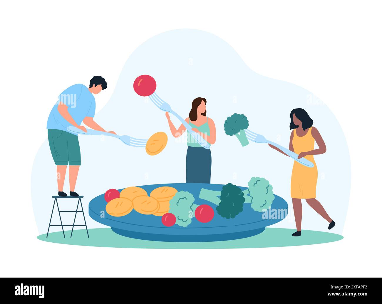 Healthy breakfast food, summer menu. Tiny people holding forks with ...