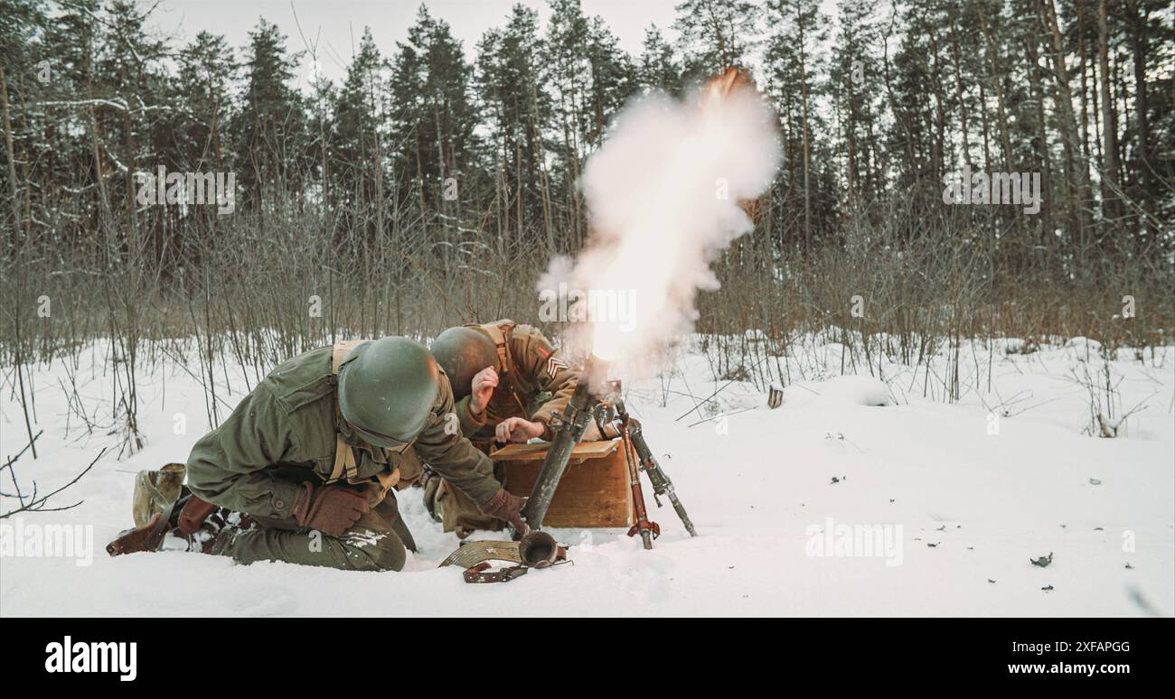 American Infantry Soldiers Fire From Mortar. Usa Army Soldiers Of World ...