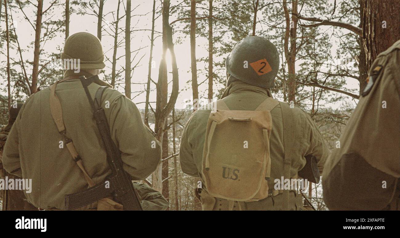 Back View On American Infantry Soldier Watch For Bright Sun At Winter ...
