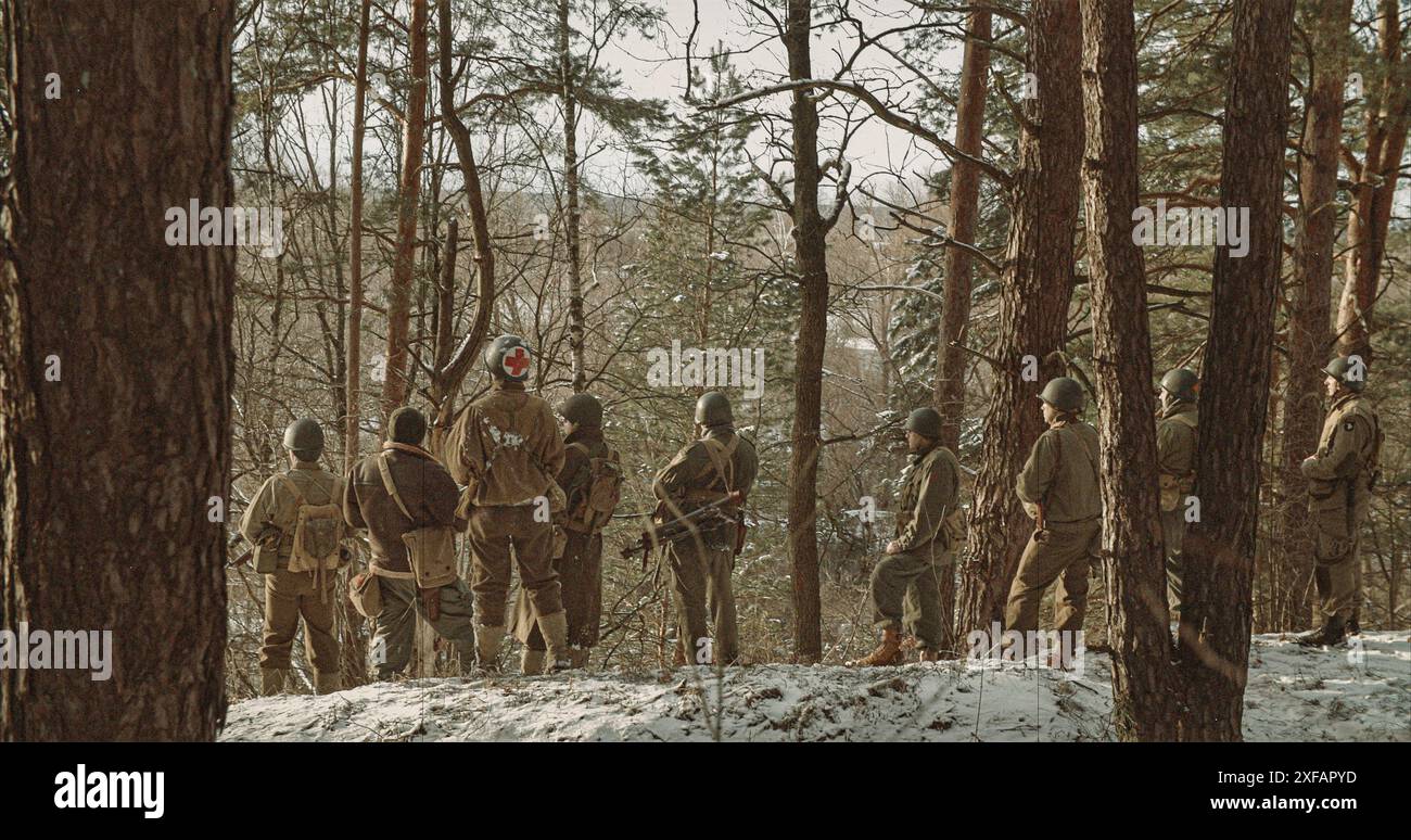 Back View On American Infantry Soldier Watch For Bright Sun At Winter ...
