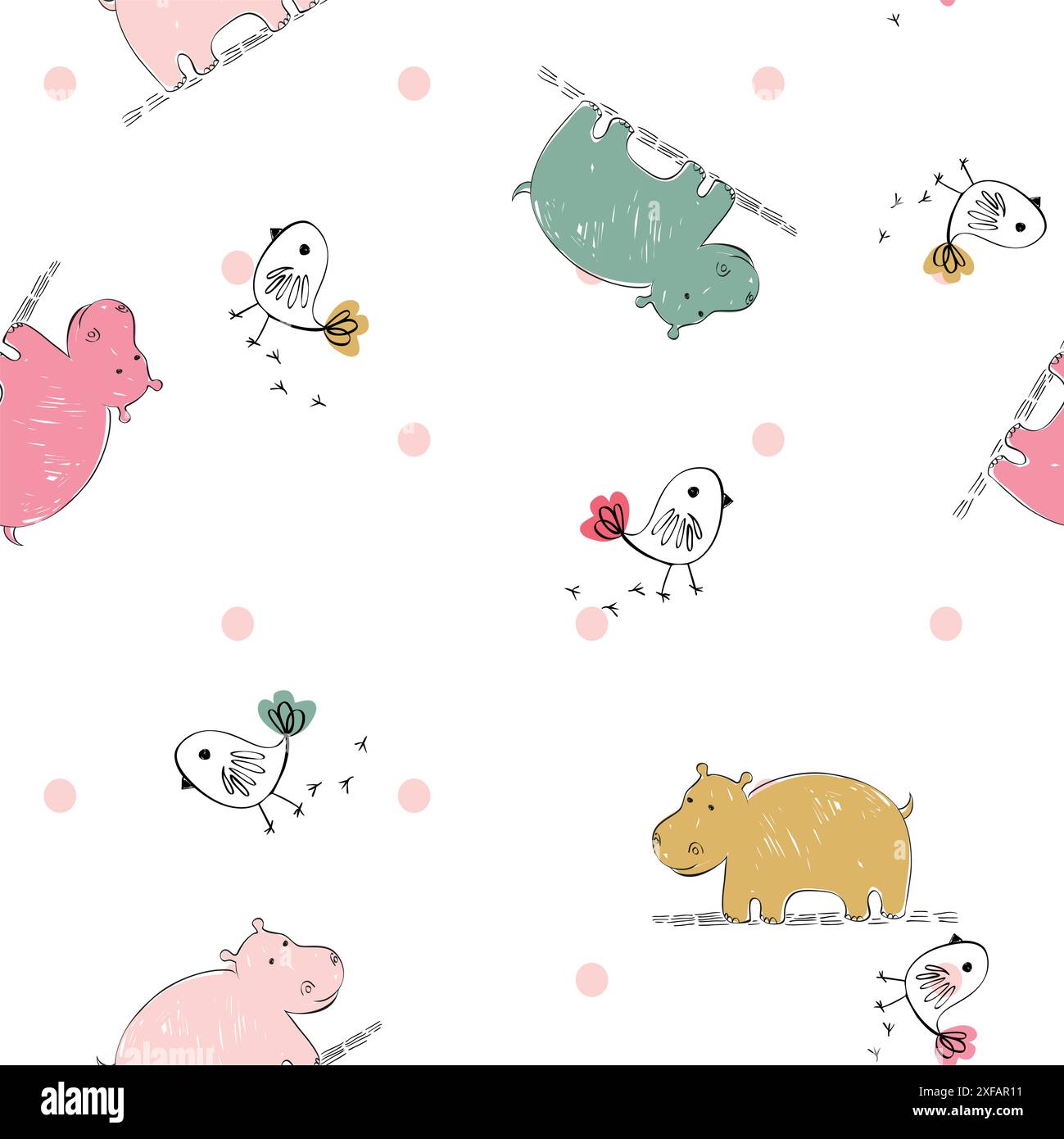 Vector seamless pattern with cartoon animals and birds Stock Vector ...