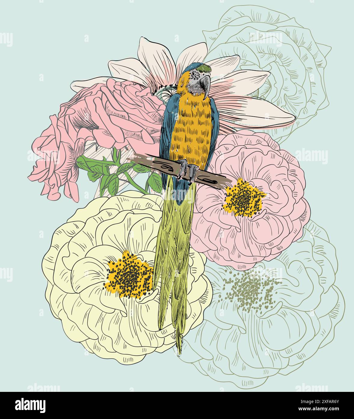 Vector sketch of a parrot with flowers. Hand drawn illustration Stock ...