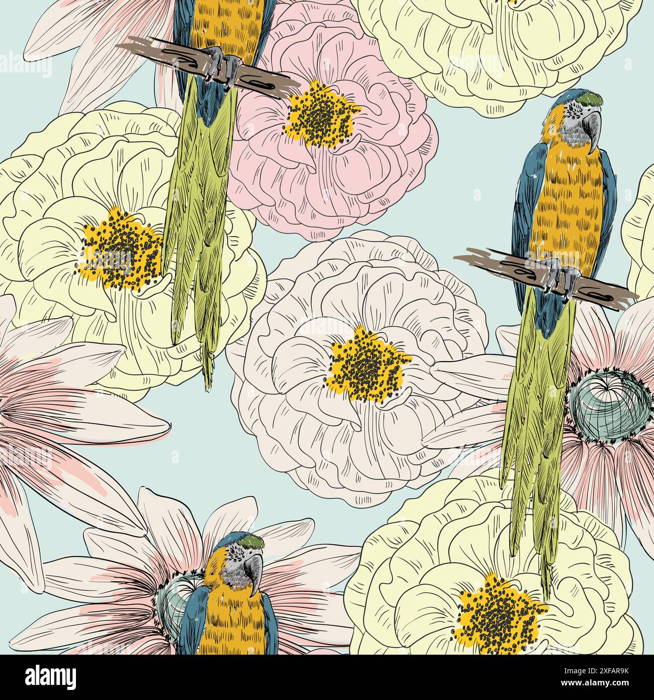 Vector sketch of a parrot with flowers. Hand drawn seamless pattern ...