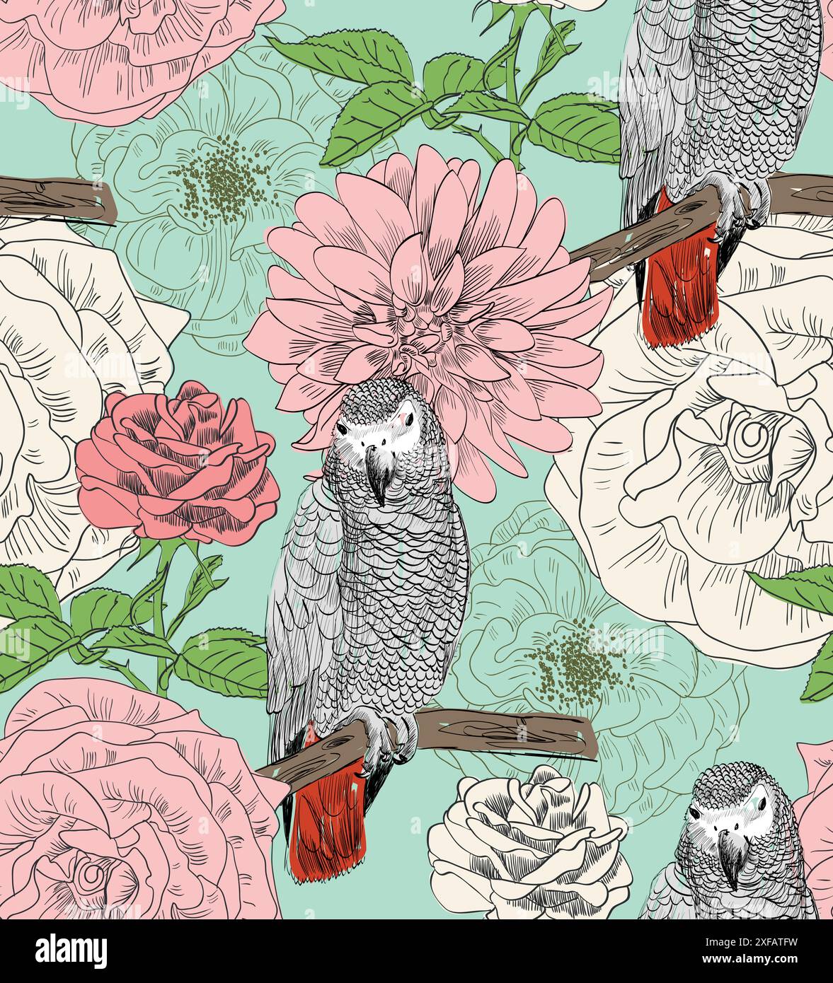 Vector sketch of a parrot with flowers. Hand drawn seamless pattern ...