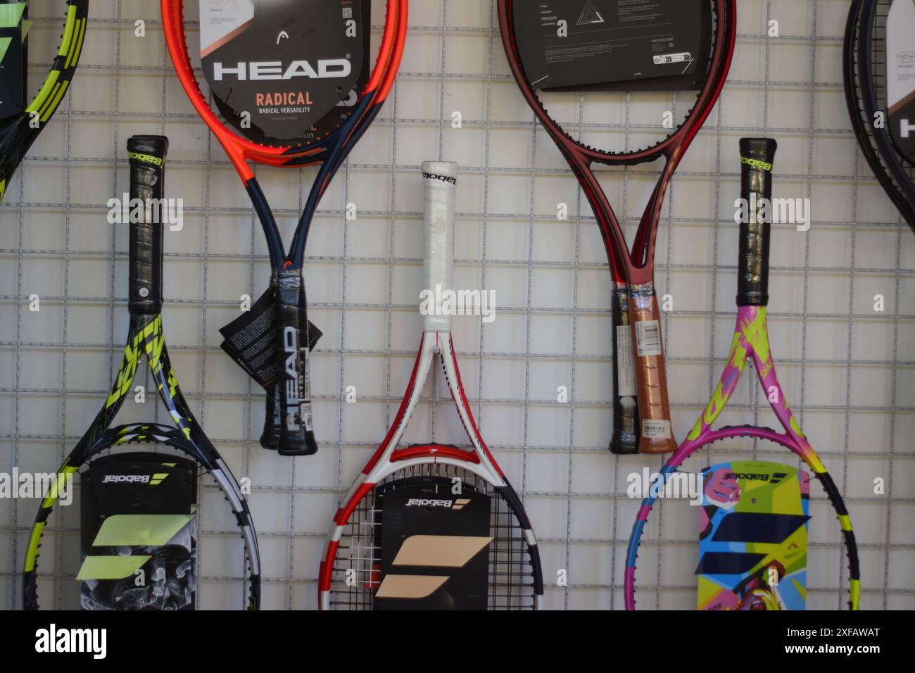 Exhibition of beach tennis rackets Stock Photo - Alamy