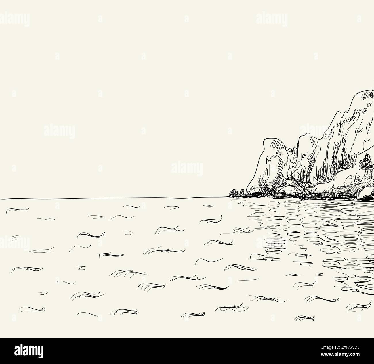 Vector summer seascape sketch. Seaside view and mountain Stock Vector ...